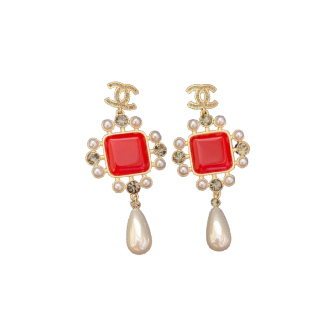 Chanel Dark Red Square Stone Earrings Gold Tone For Women - Vipfasbags
